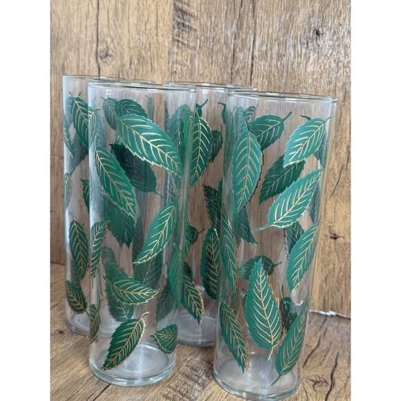 Unmarked | Dining | 4 Mcm Tall Slender Tumblers Clear Glass With Green ...